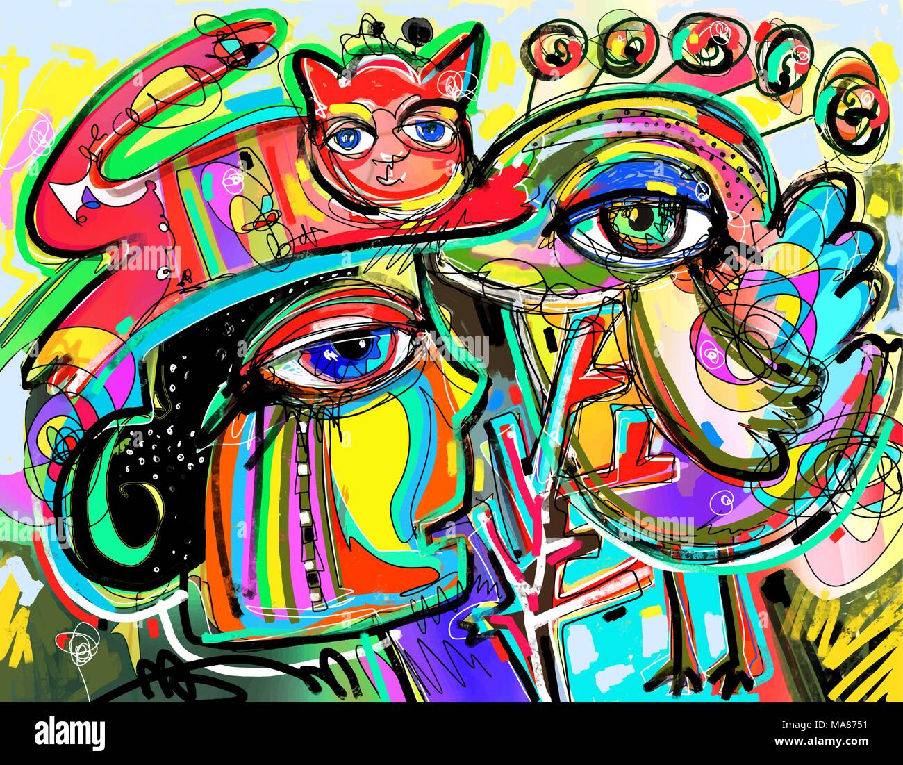 original digital art composition of human face, bird and red cat Stock ...