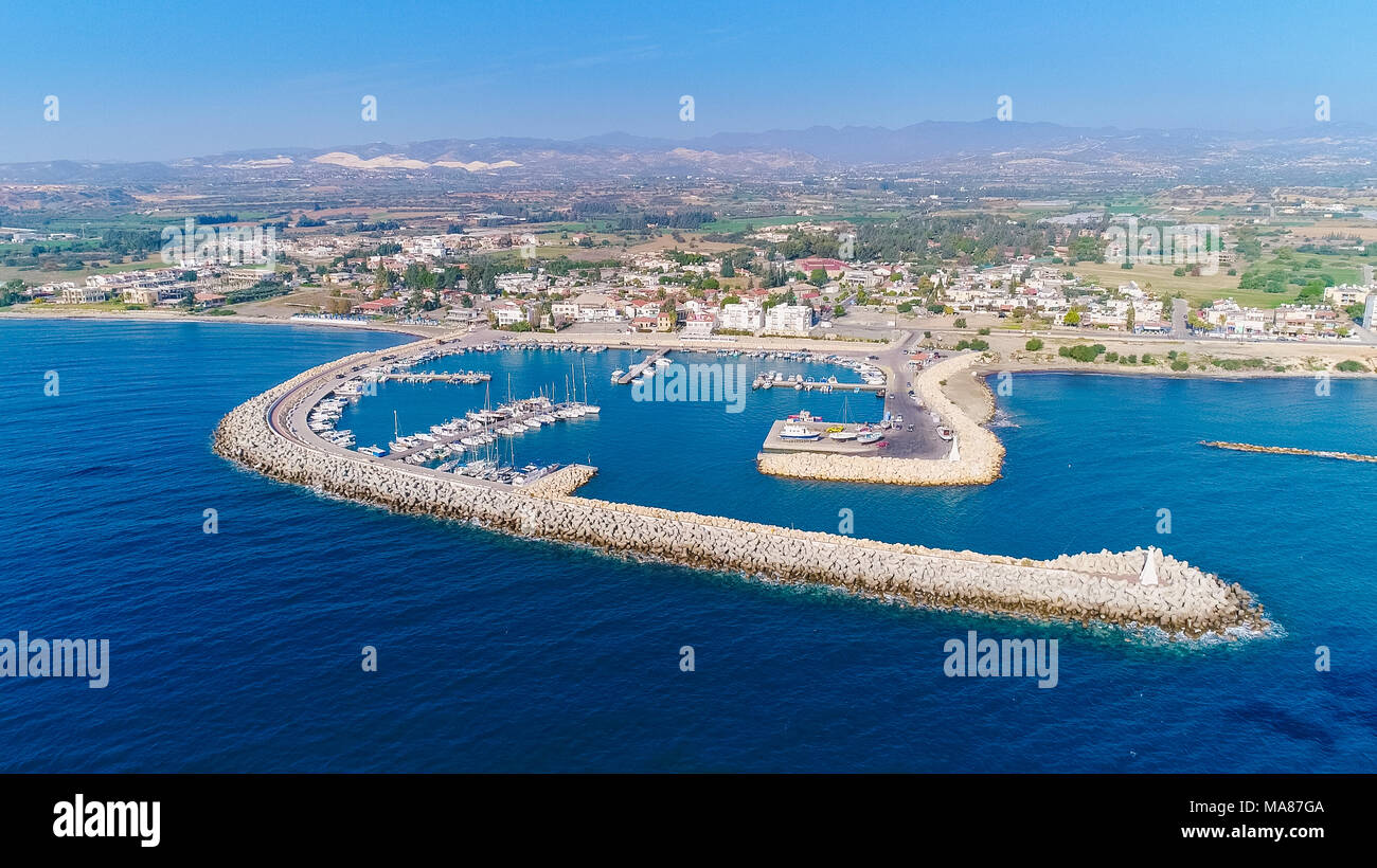 Aerial bird's eye view of Zygi fishing village port, Larnaca, Cyprus ...