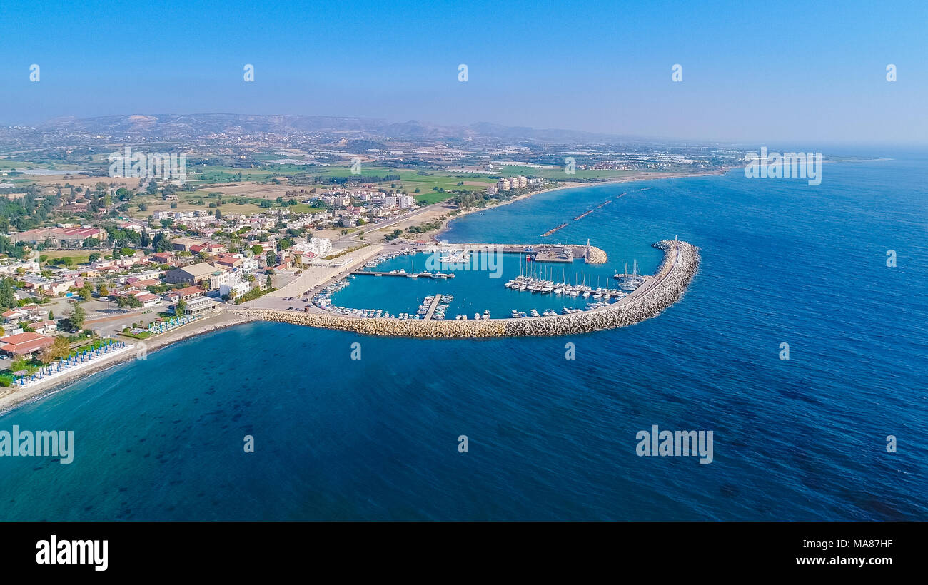Aerial bird's eye view of Zygi fishing village port, Larnaca, Cyprus ...