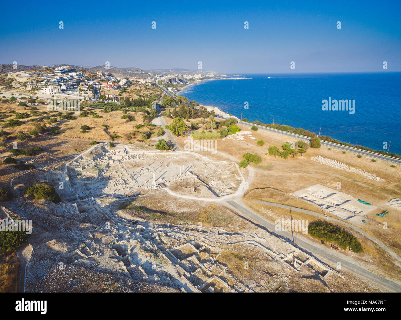 Aerial view of Amathounta ruins and columns at ancient greek roman ...