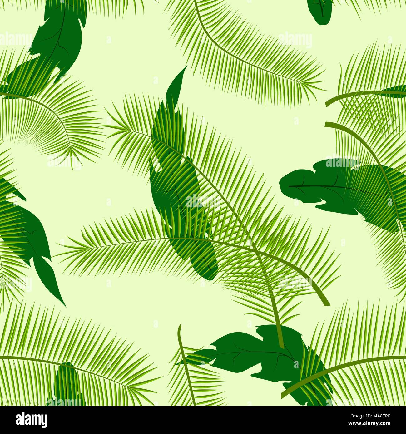 Summer fresh seamless pattern with different palm leaves in green tones ...