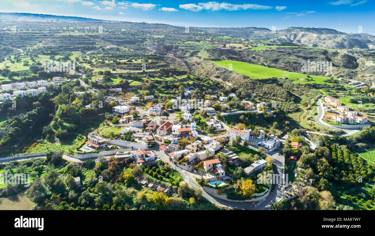 Aerial bird's eye view of Goudi village in Polis Chrysochous valley ...