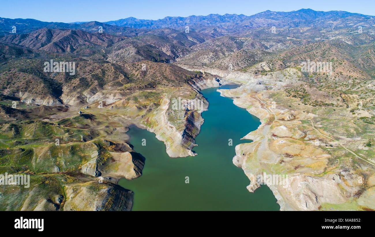 Aerial bird eye view of Kalavasos rockfill dam, Larnaca, Cyprus. The ...