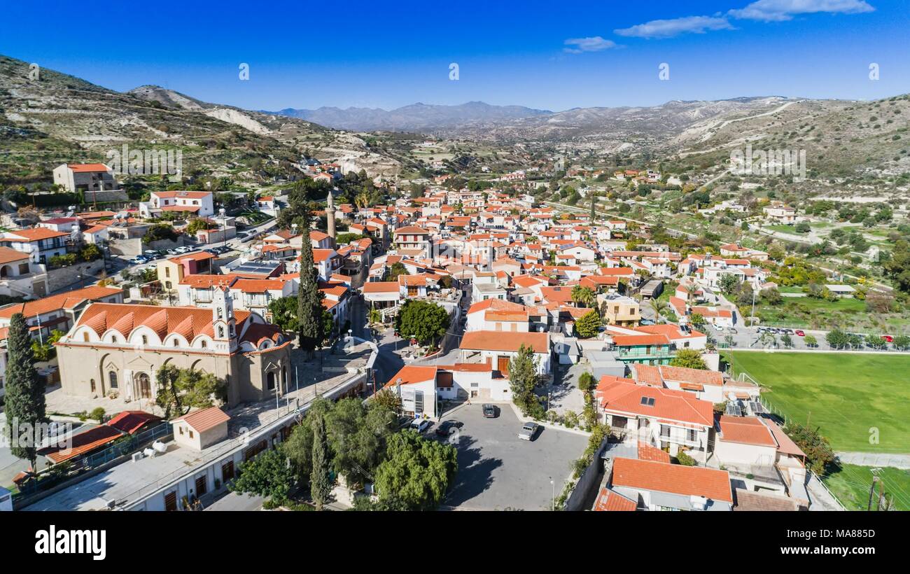 Aerial bird's eye view of Kalavasos village valley, Larnaca, Cyprus. A ...