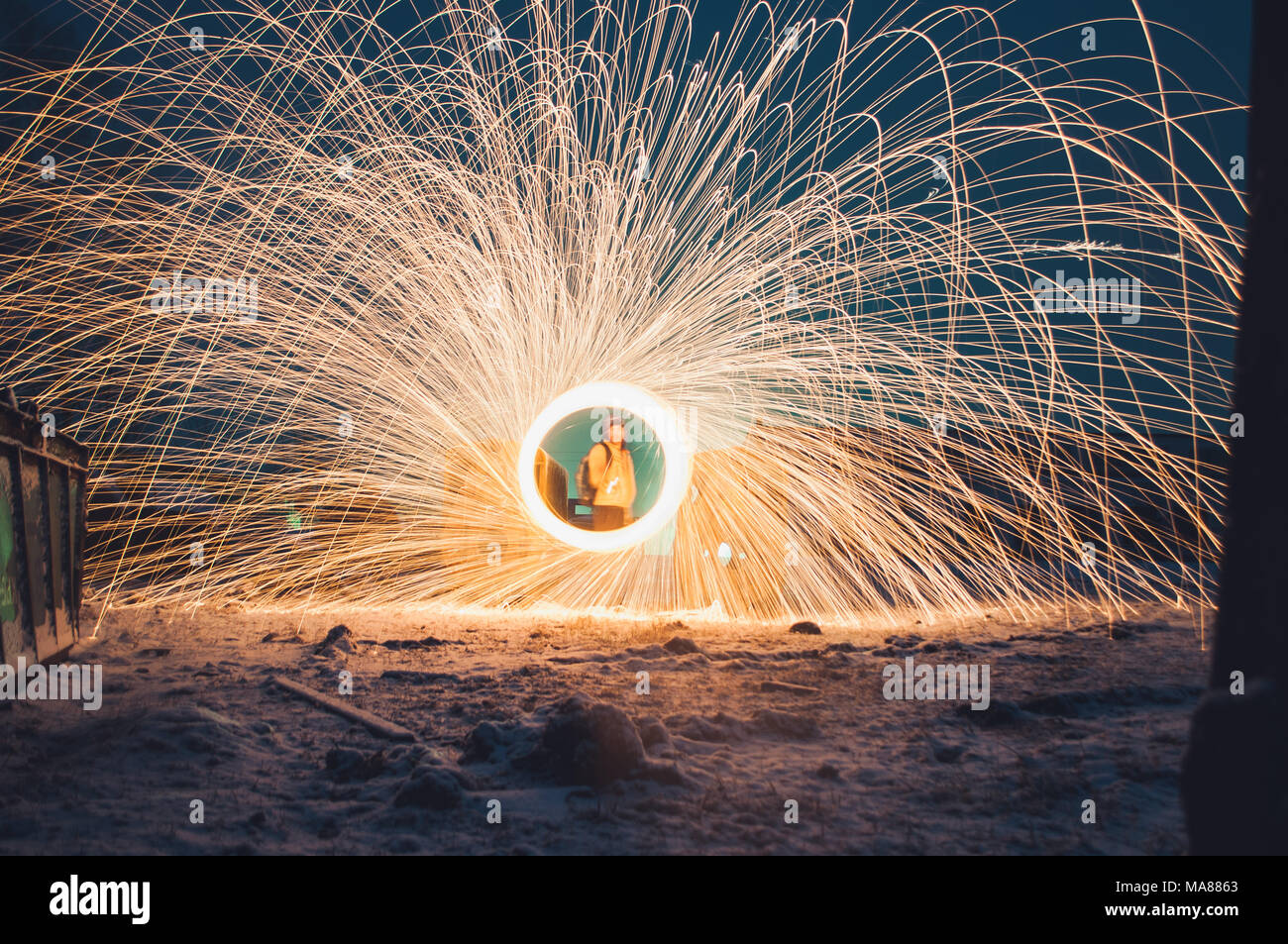Amazing steel wool fire, the concept of industrial landscape Stock ...