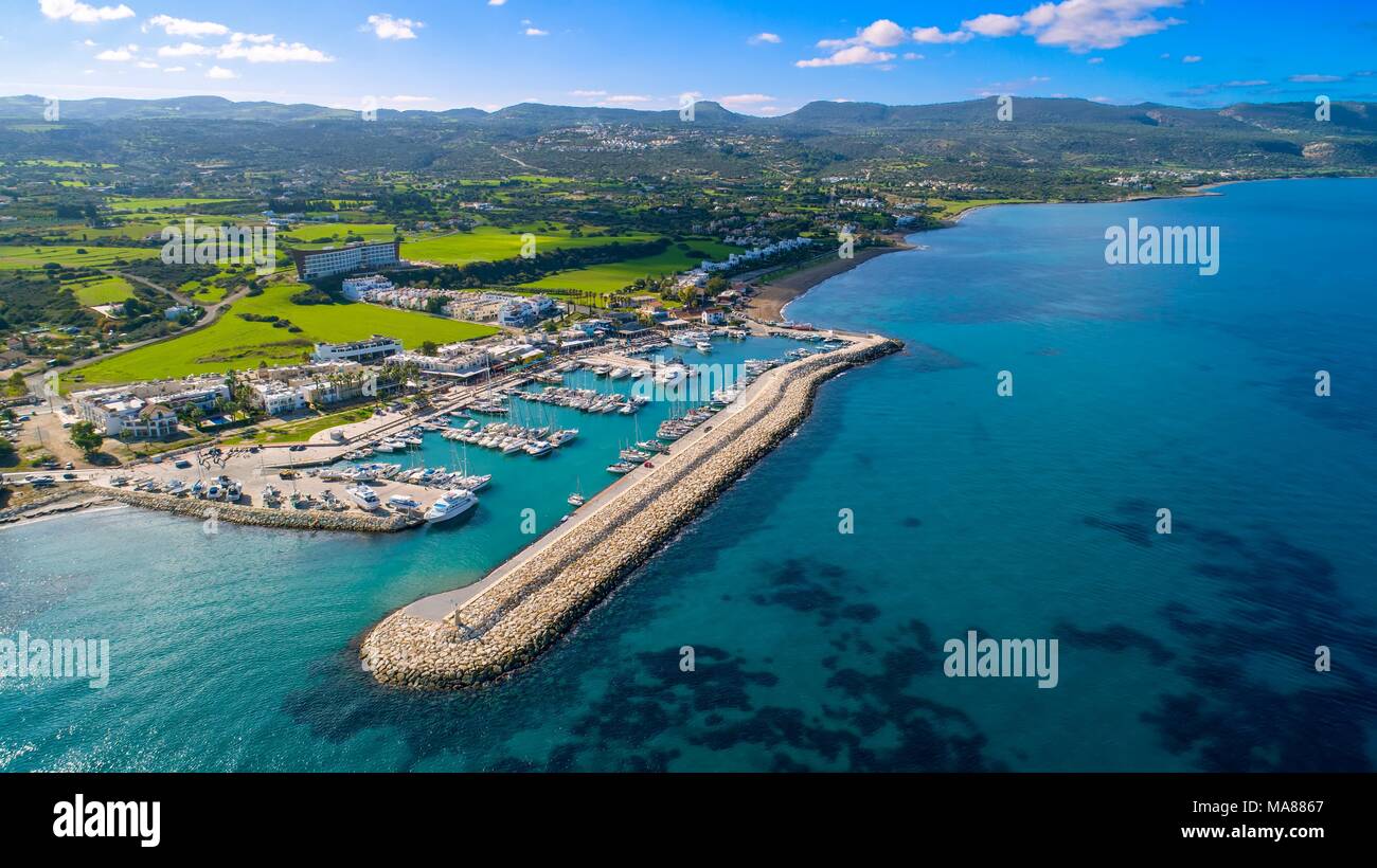 Aerial bird's eye view of Latchi port, Akamas peninsula, Polis ...