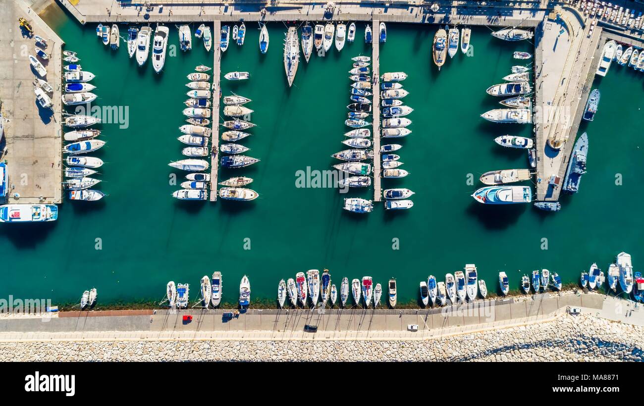 Aerial bird's eye view of Latchi port, Akamas peninsula, Polis ...