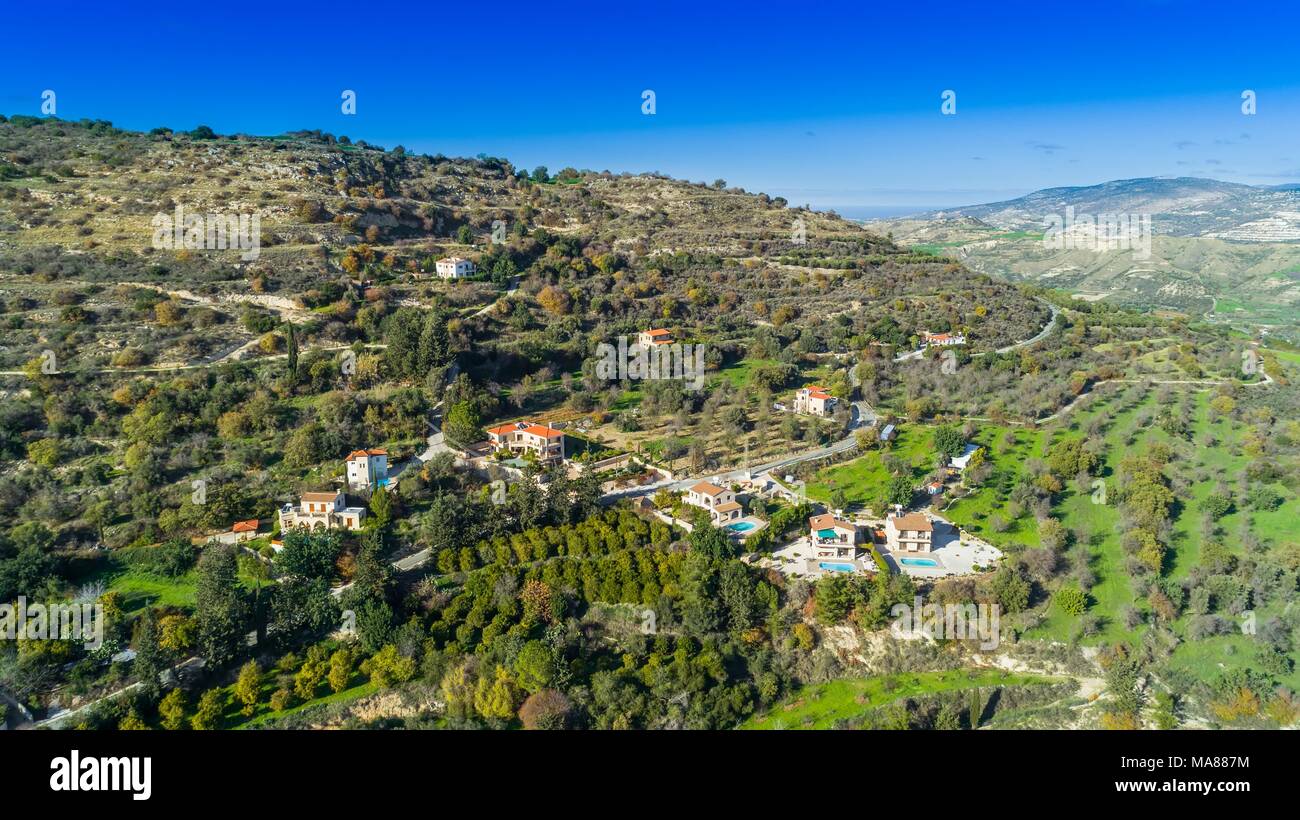 Aerial bird eye view of Miliou village hills and Akamas sea at Latchi ...