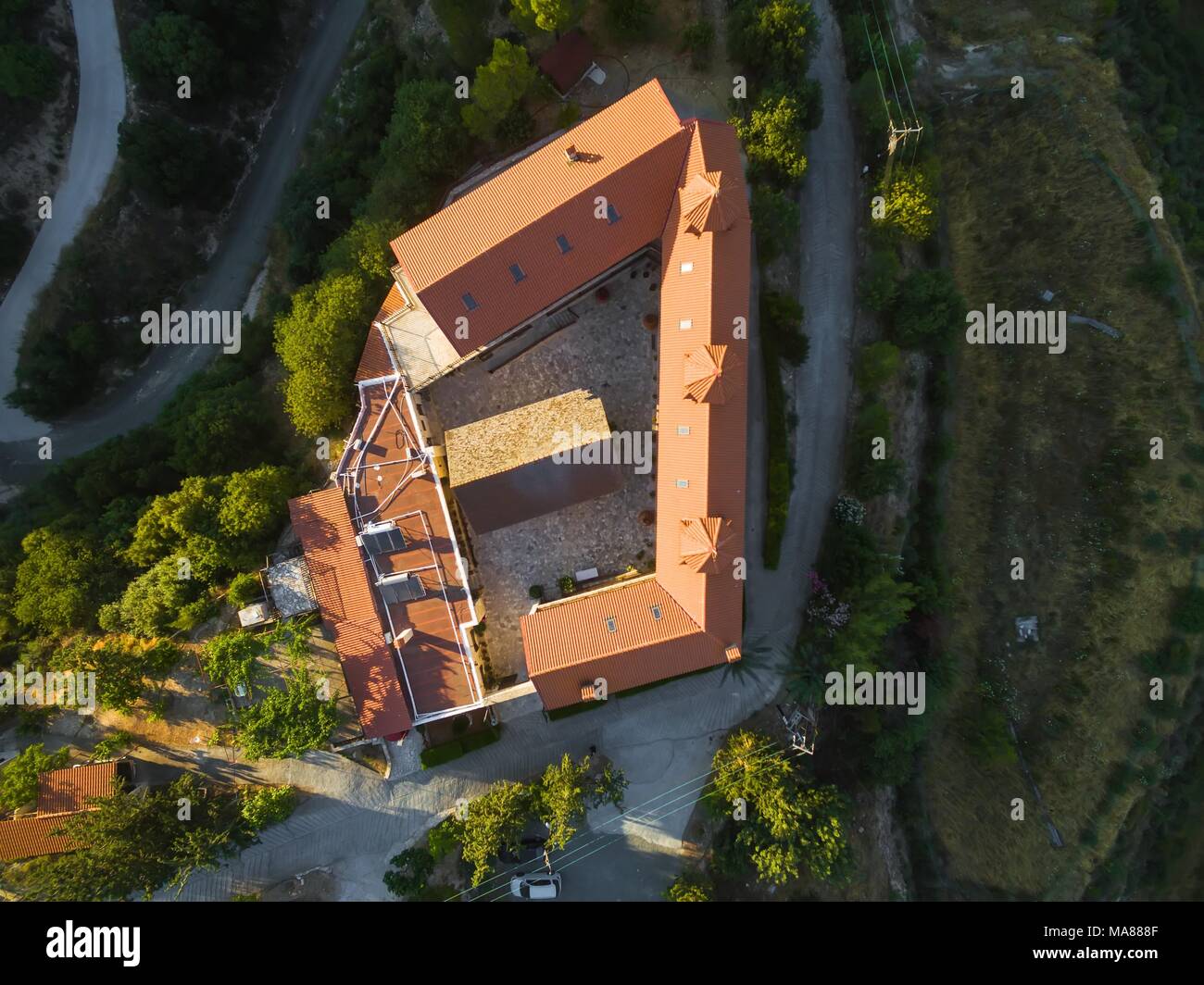 Aerial bird's eye view of christian greek orthodox Holy Monastery of ...
