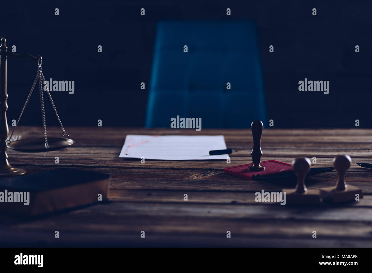 Notary public office with scale of justice and notary stamp. Law ...