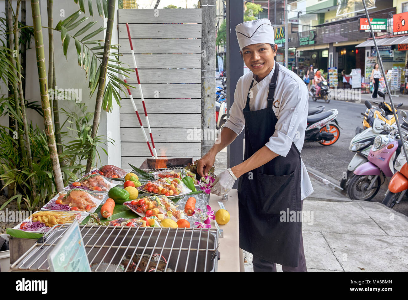 Thailand chef. Street BBQ, food display Stock Photo - Alamy
