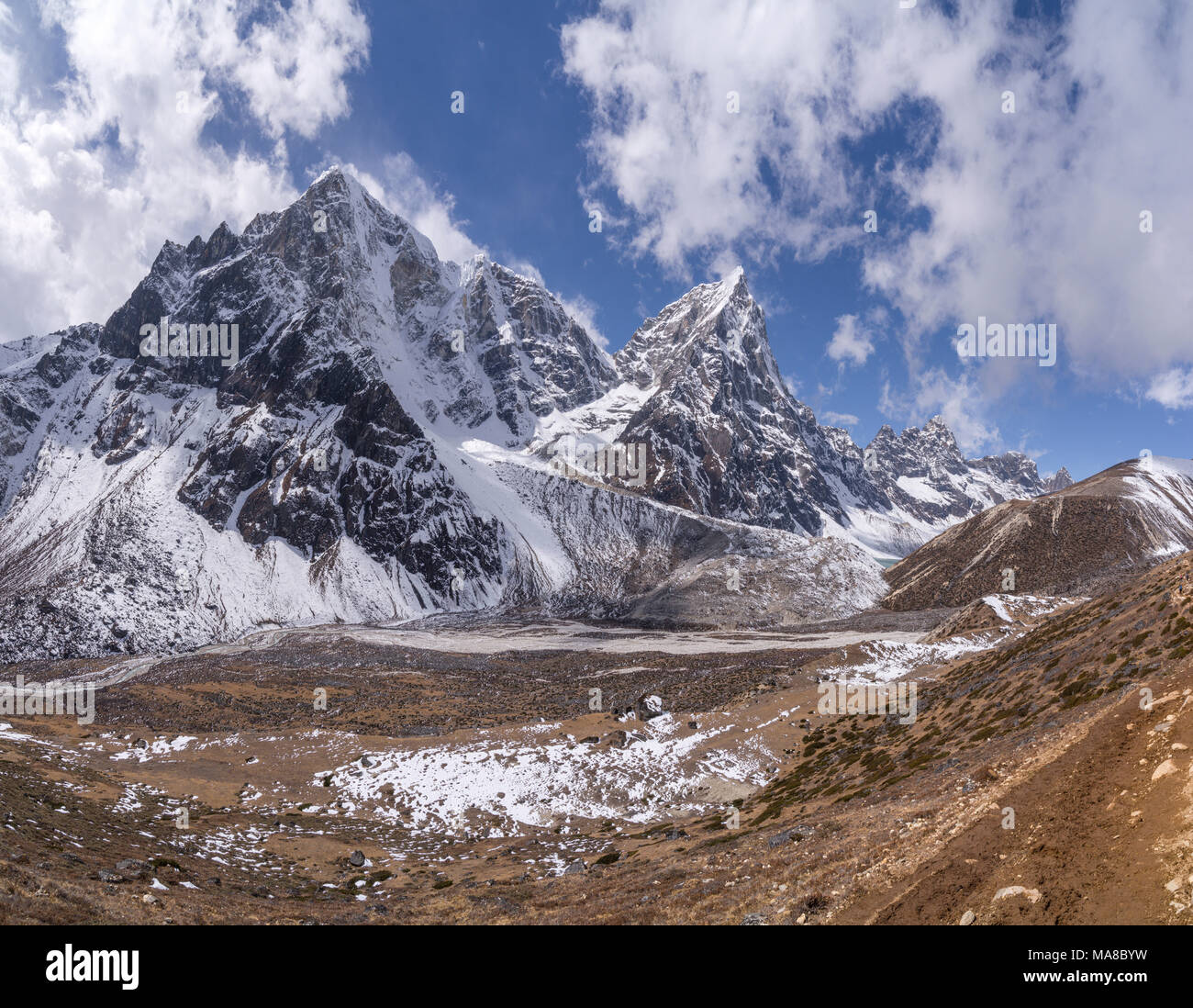 Taboche and Cholatse summits over Pheriche valley in Himalayas. Everest ...