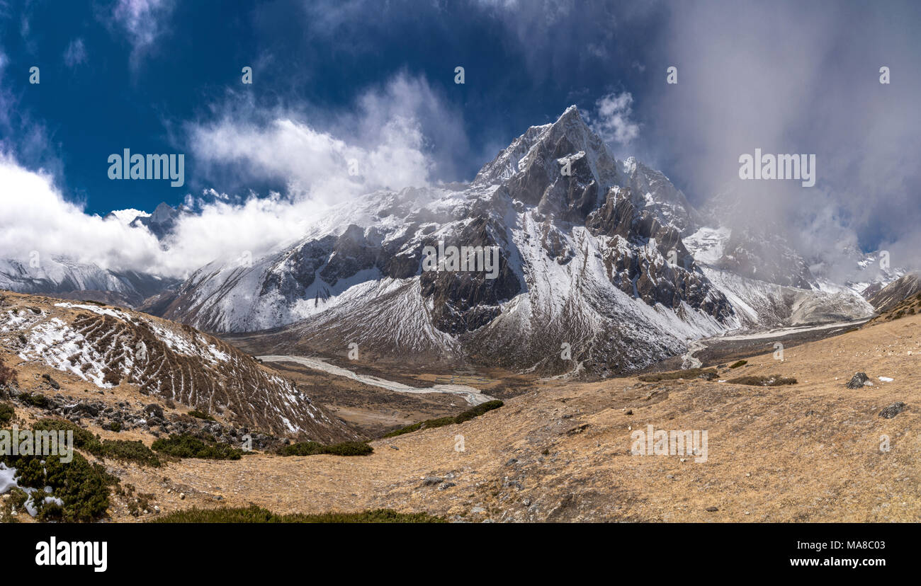 Taboche and Cholatse summits over Pheriche valley in Himalayas. Everest ...