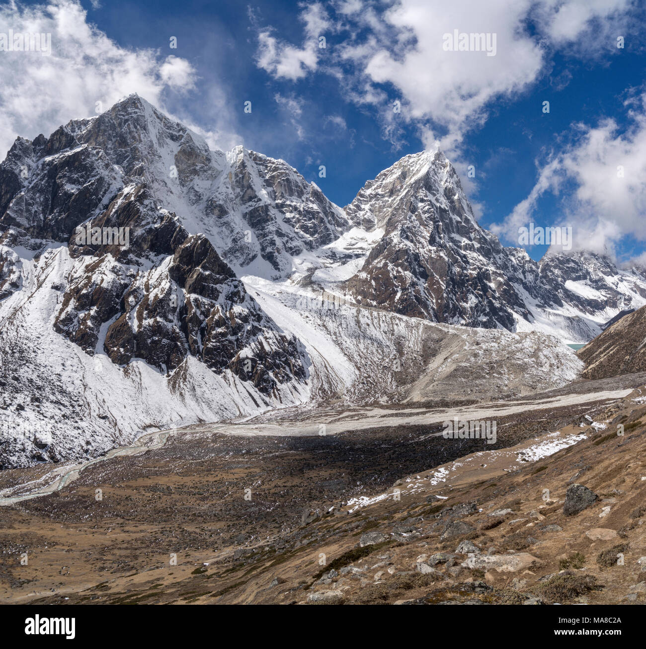 Taboche and Cholatse summits over Pheriche valley in Himalayas. Everest ...