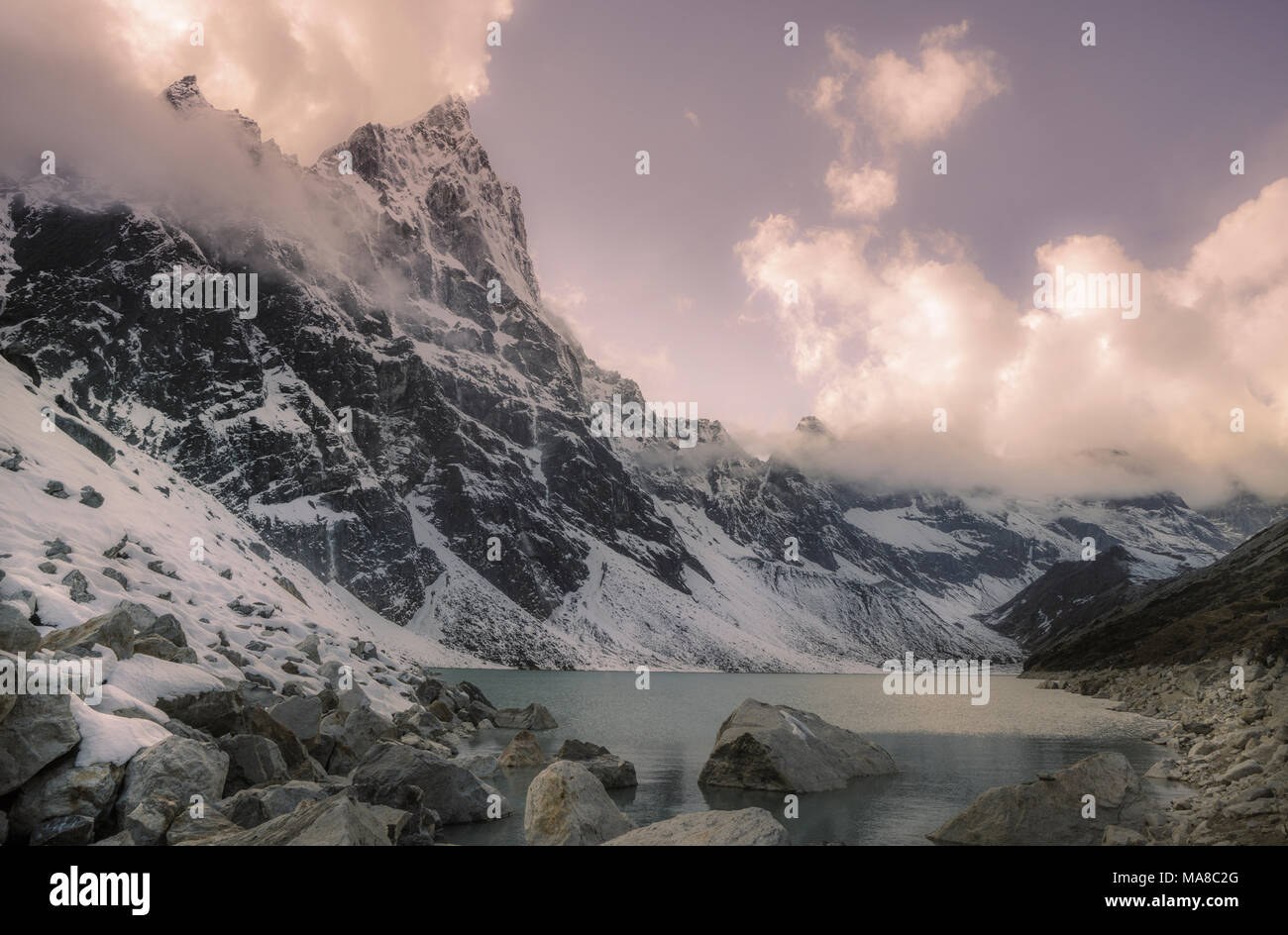Cholatse summit and lake in Himalayas. Everest base camp trek in Nepal ...