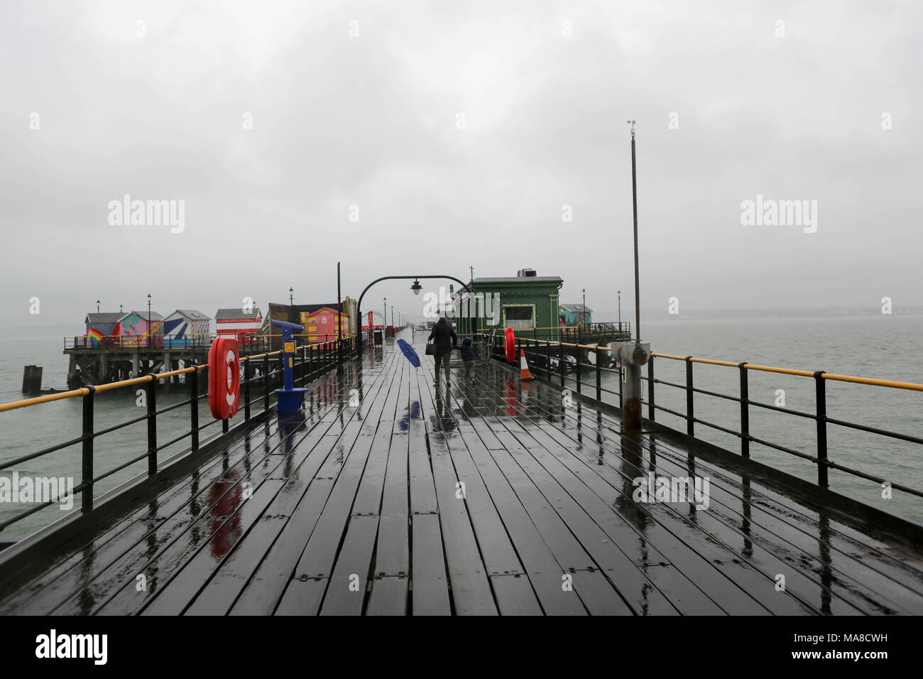 30th March, 2018. Wet, cold and rain on Southend pier. Southend-on-Sea ...