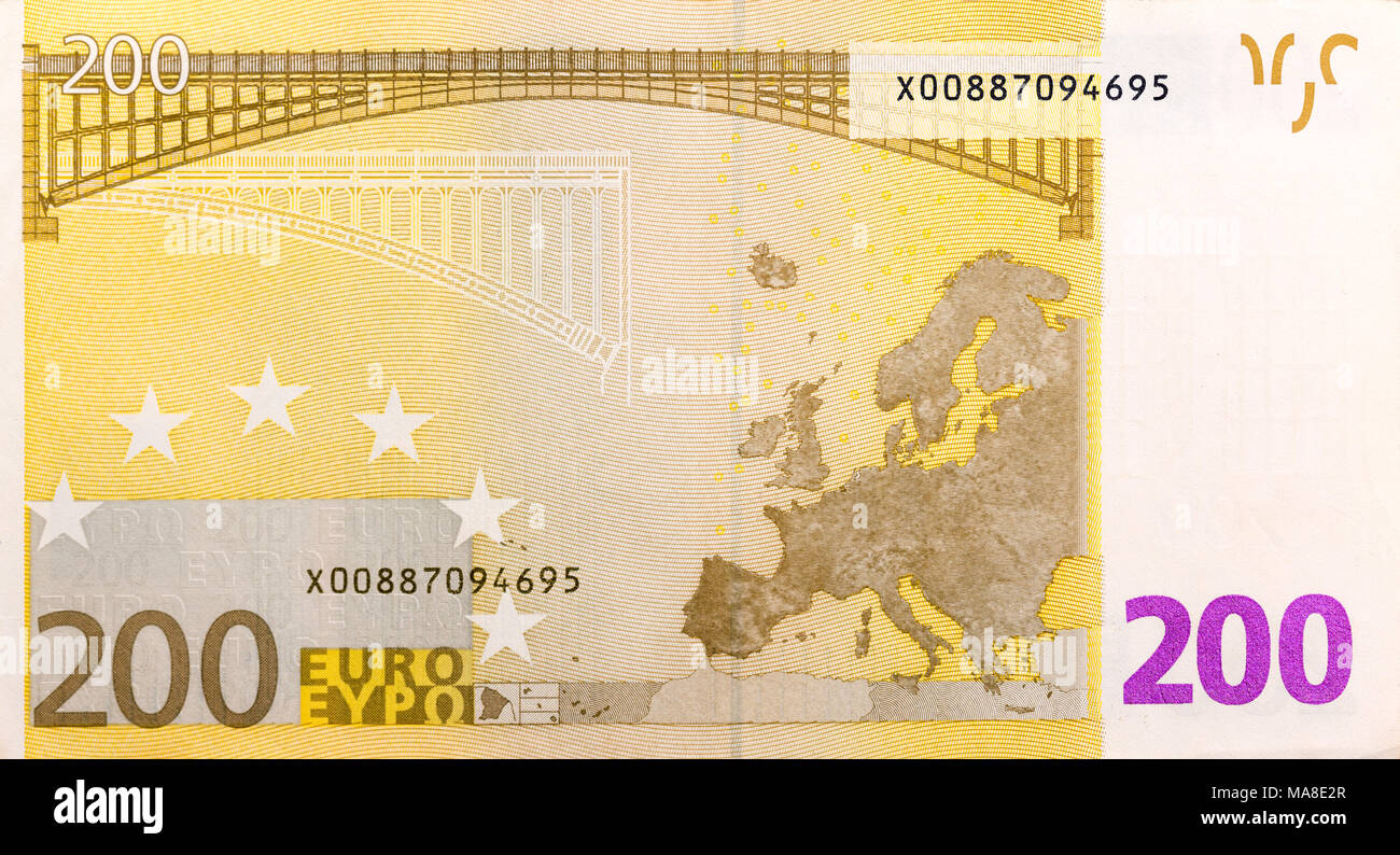 Back side of euro banknote, two hundred Stock Photo - Alamy