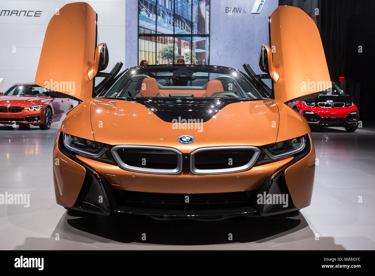 New York, United States. 29th Mar, 2018. BMW edrive i8 coupe on display ...