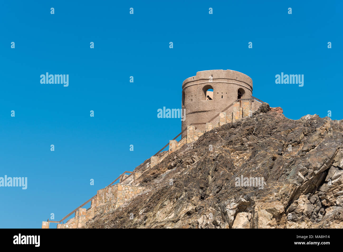 Old coastal watchtower with cast iron canon at Riyam close to Mutrah ...