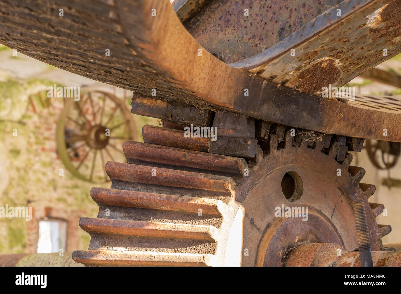 Abandoned water mill gear. Rusty iron wheel with teeth natural ...