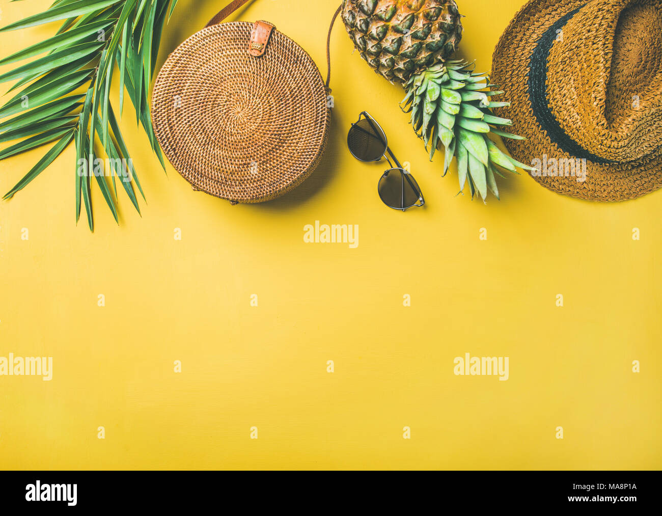 Colorful summer female fashion outfit over yellow background Stock ...