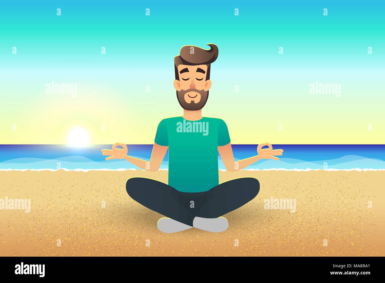 Cartoon flat happy man sitting on beach and meditating. Illustration of ...