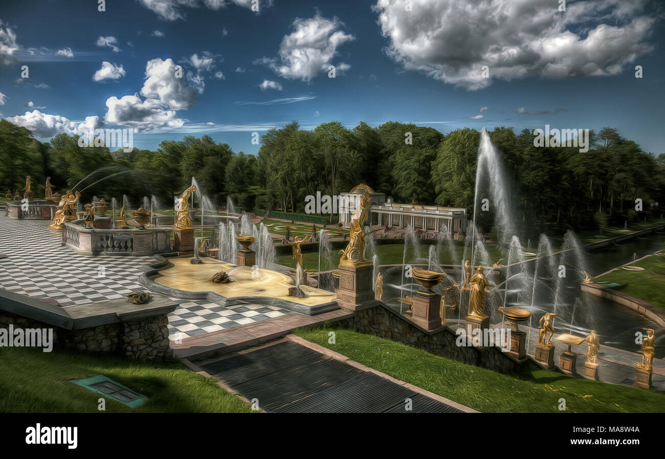 Grand Peterhof Palace and the Grand Cascade. Samson Fountain Stock ...