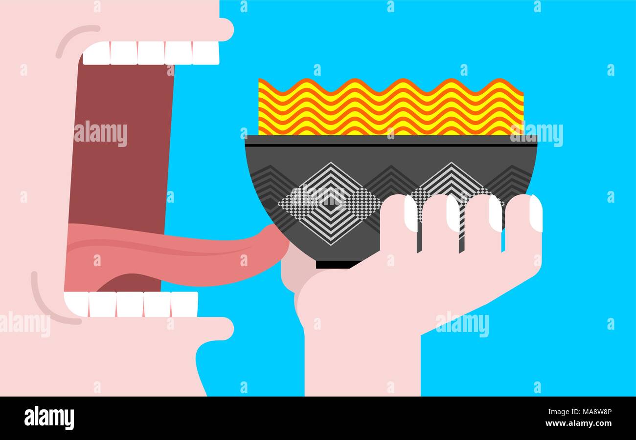 Eating Ramen. Open mouth. Teeth and tongue. Chinese traditional noodles ...