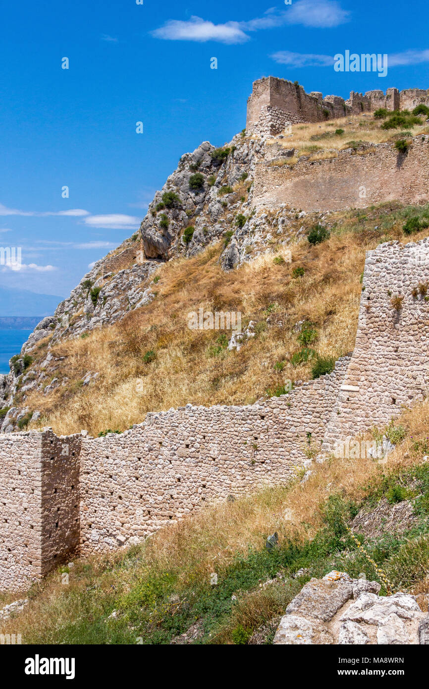 Acrocorinth castle, in ancient Corinth, Peloponnese, Greece Stock Photo ...