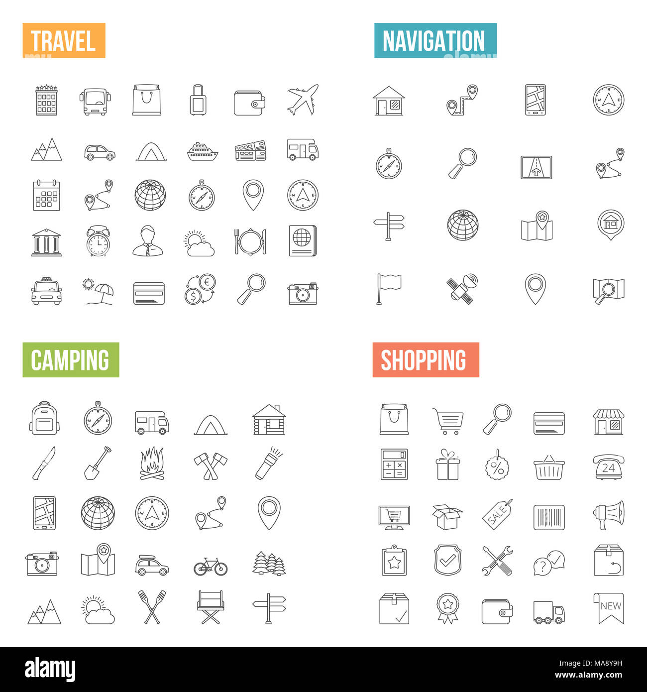 Travel, navigation, camping and shopping line icons, vector eps10 ...