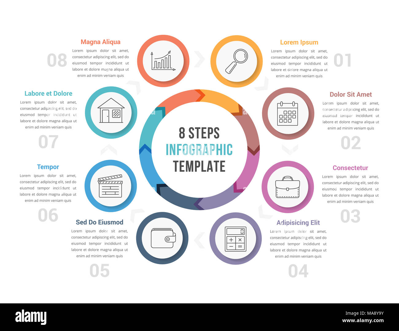 Circle diagram infographic template with arrows with eight steps ...
