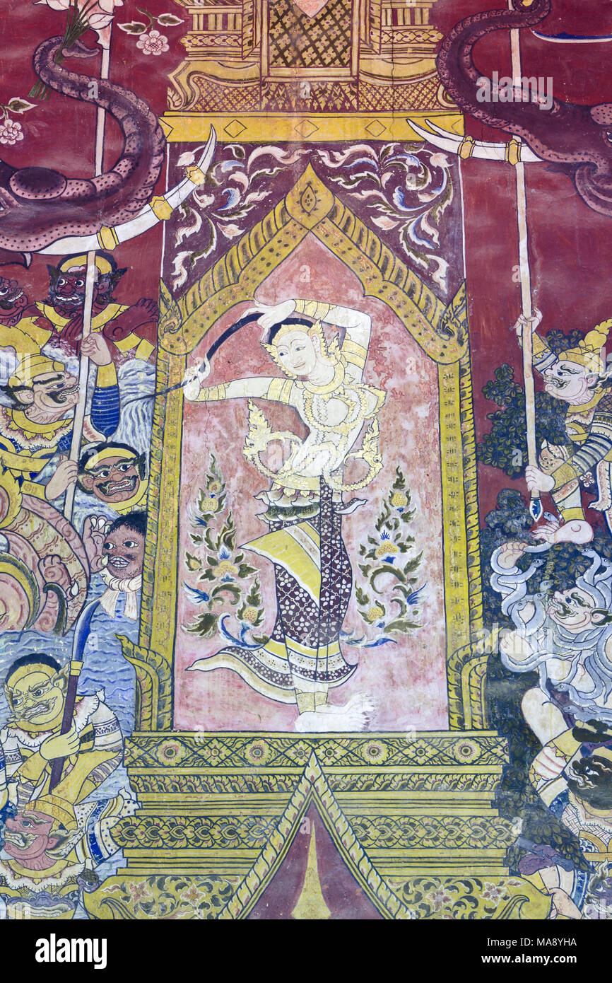 Wall murals depicting scenes from the Ramakien epic, Wat Mahathat ...