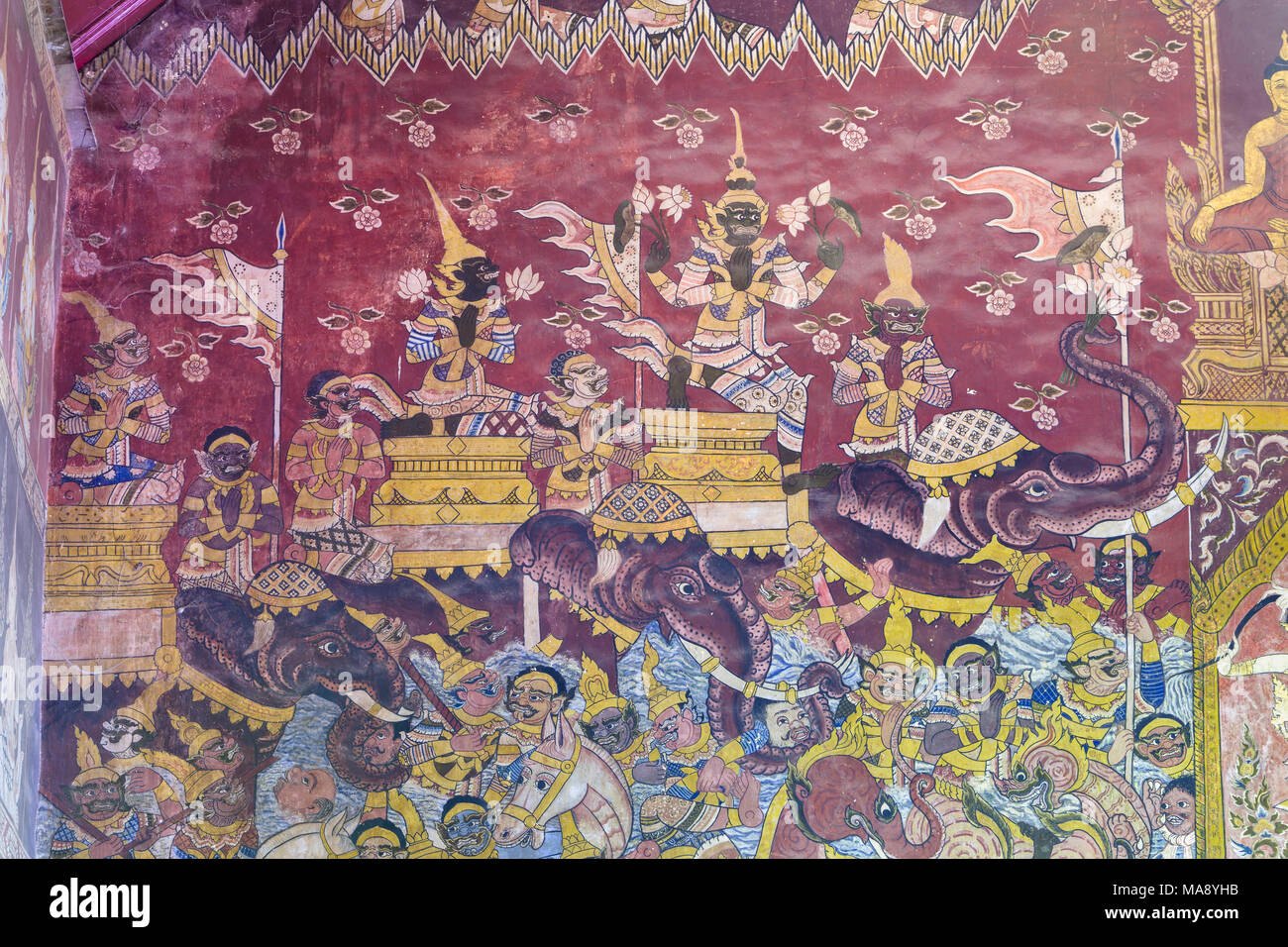 Wall murals depicting battle scenes from the Ramakien epic, Wat ...