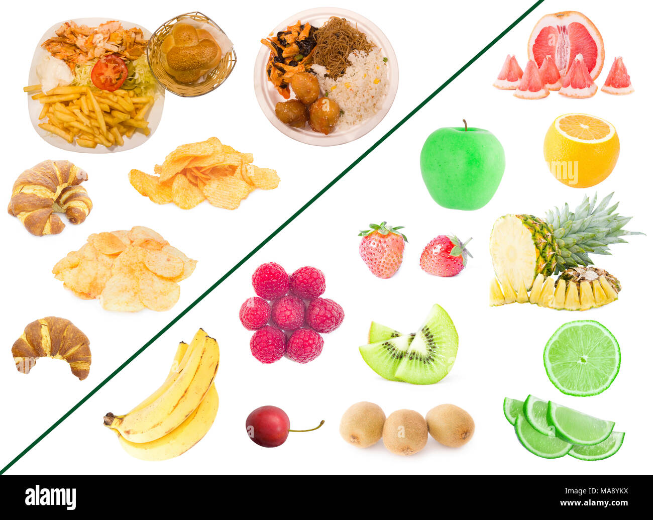set of fast food items and healthy fruit isolated on white background ...