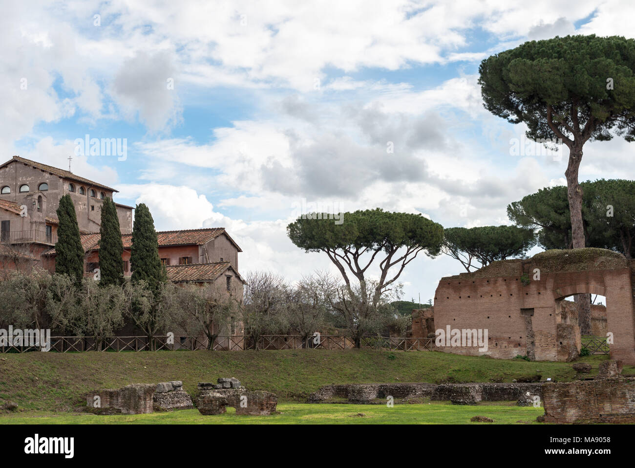 Horizontal picture of ruins and vegetation at Palatine Hill, historical ...