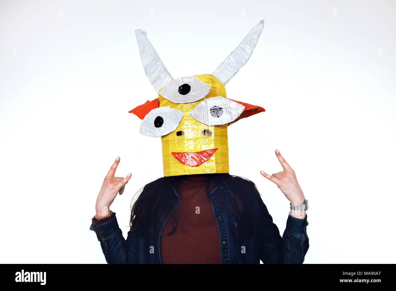 Homemade head of a fairy creature is put on a human monster of ...