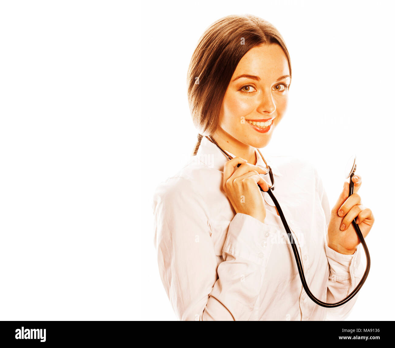 young pretty woman doctor with stethoscope on white background Stock ...