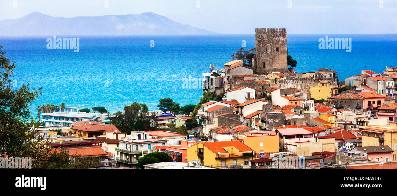 Traditional colorful Brolo village,view with castle and houses,Sicily ...