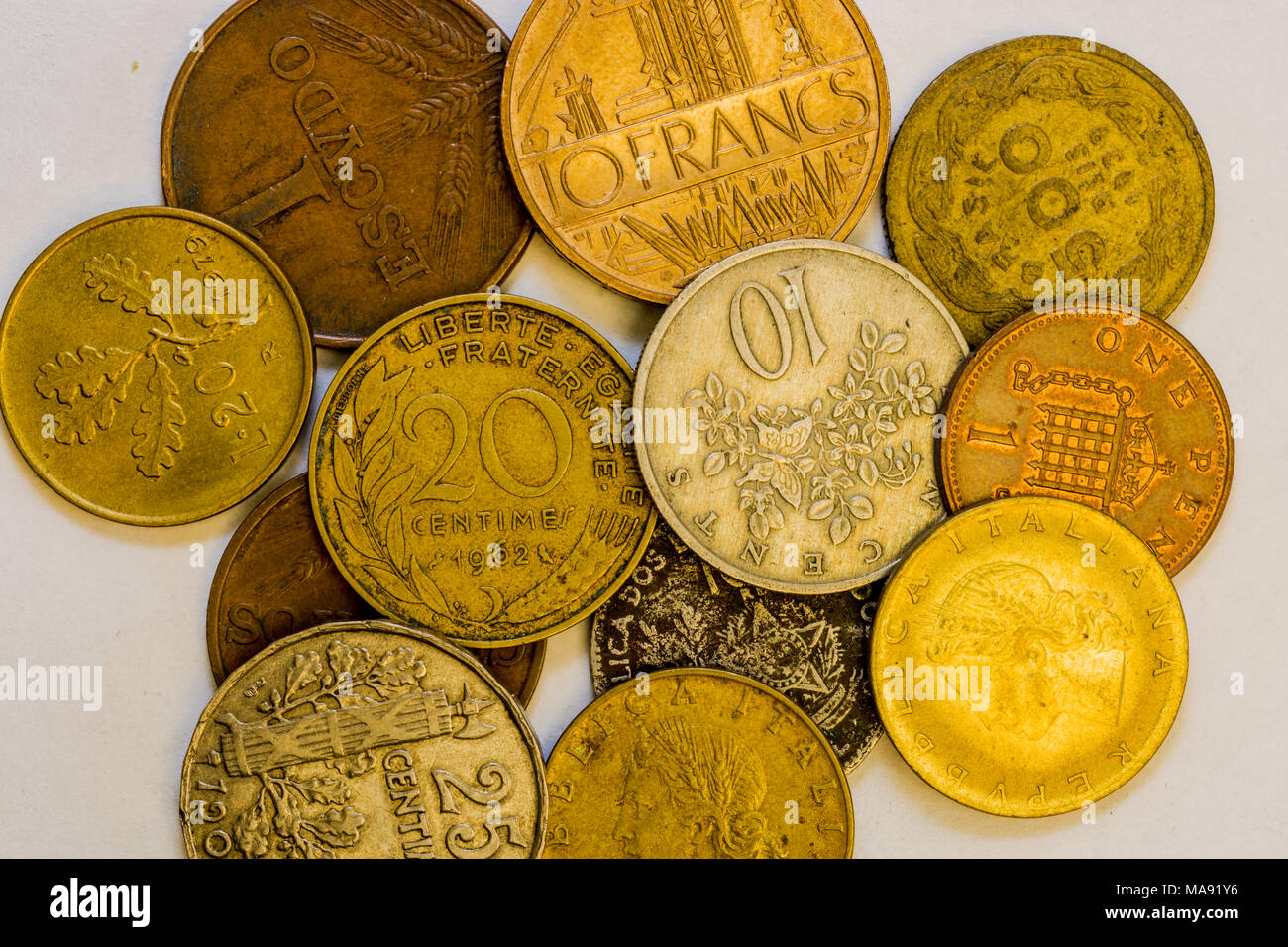 Close up view of aged vintage coin showing fine detail on coin ...