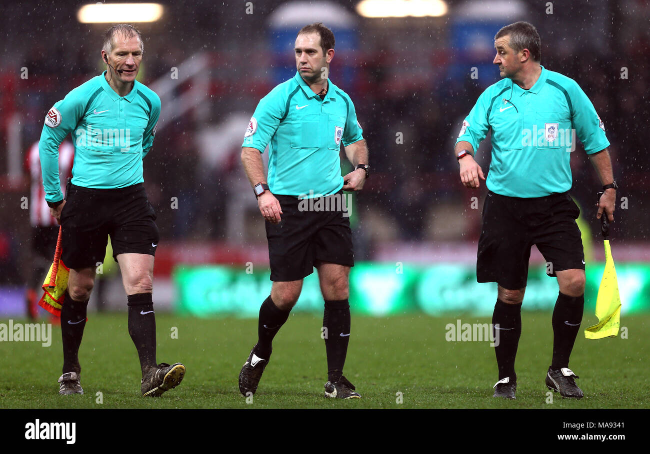 Referee Jeremy Simpson (centre) after the final whistle during the Sky ...