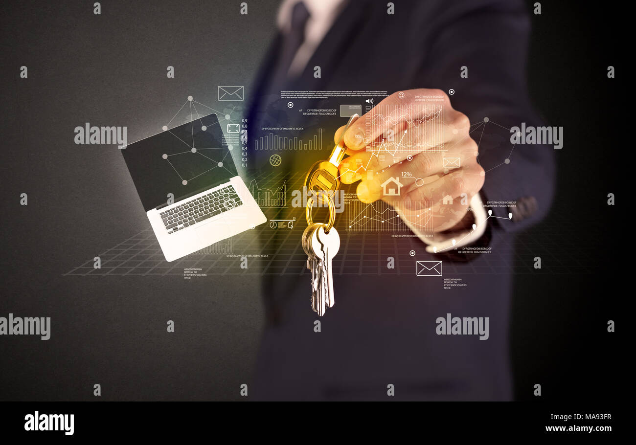 Businessman in suit holding keys with statistics, graphs and icons ...