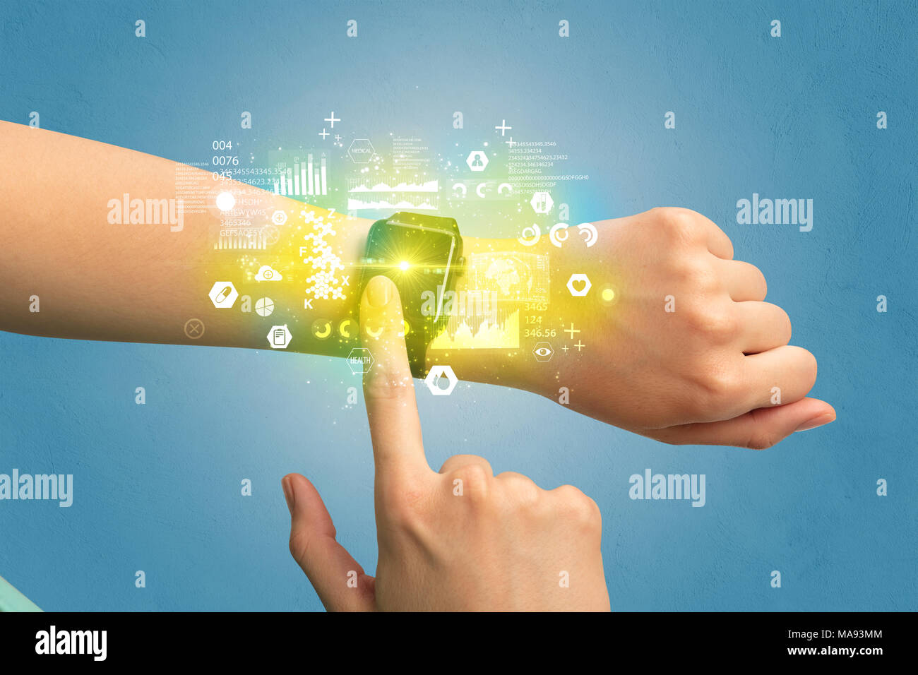 Hand with smartwatch and health medical tracker concept Stock Photo - Alamy