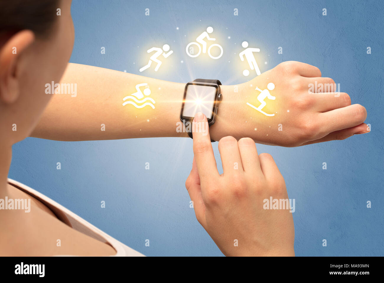 Hand smartwatch cycling concept hi-res stock photography and images - Alamy
