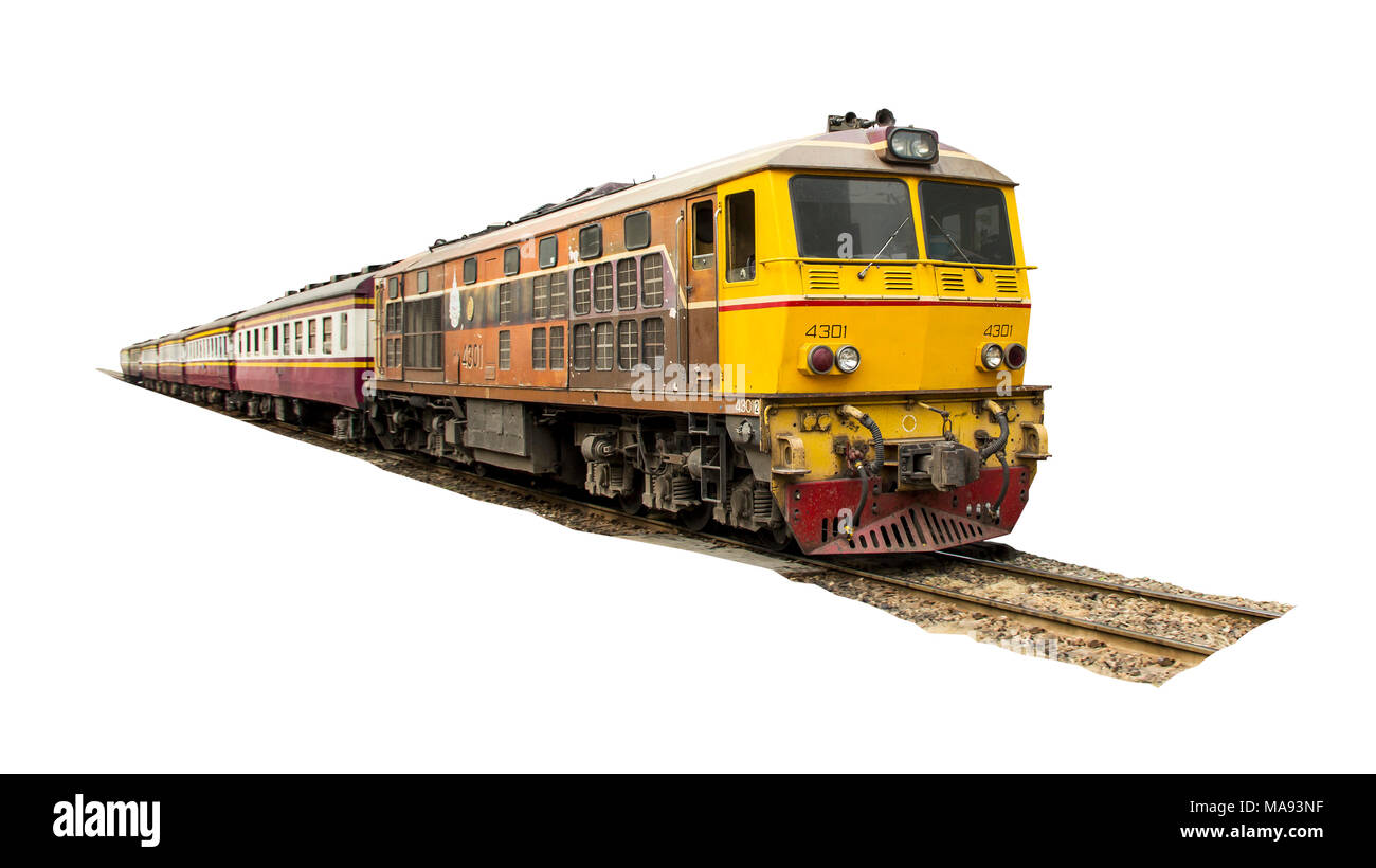 Procession yellow Train led by diesel electric locomotive on the tracks ...