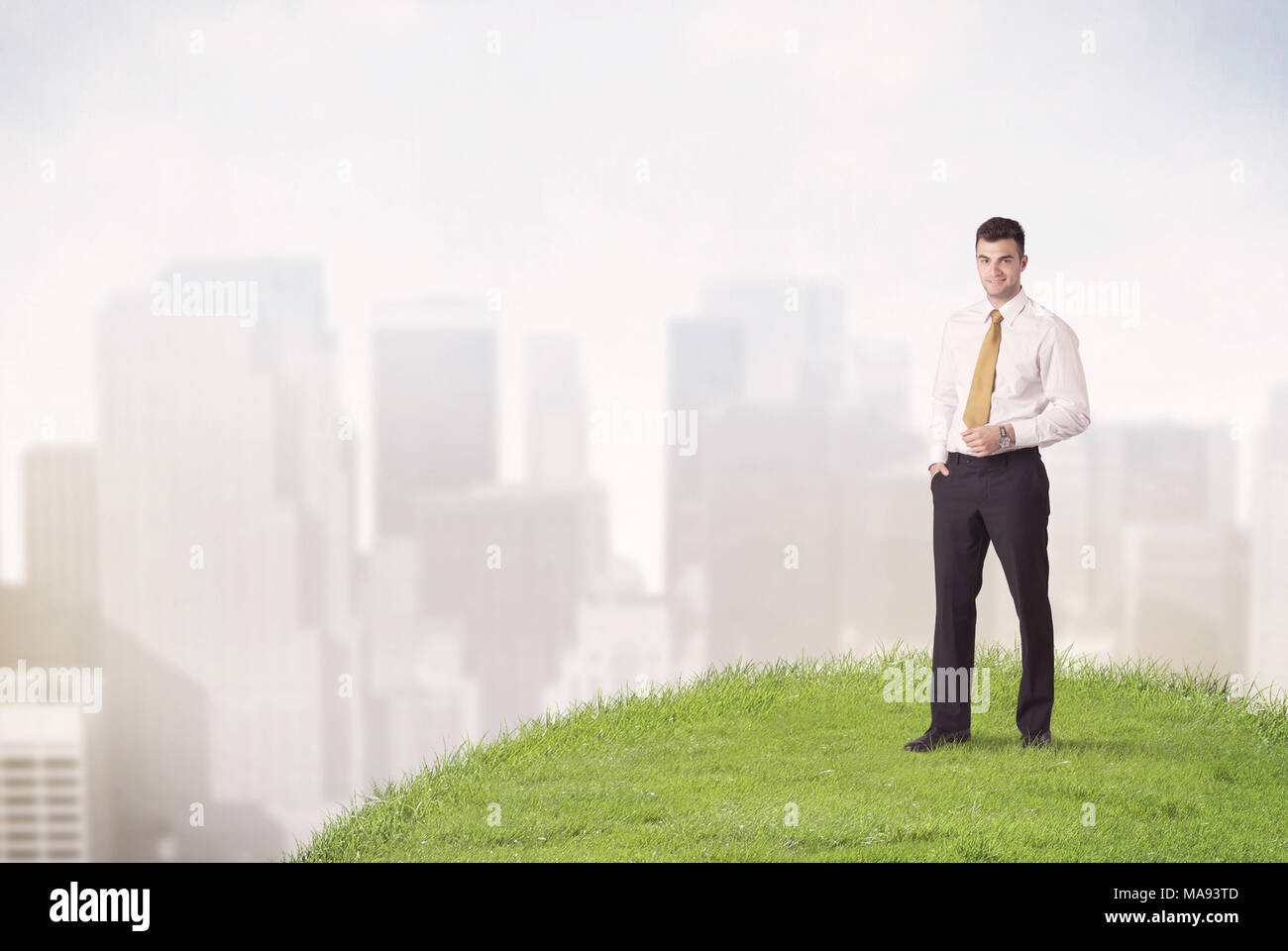 A cheerful caucasian elegant sales manager standing in small green ...