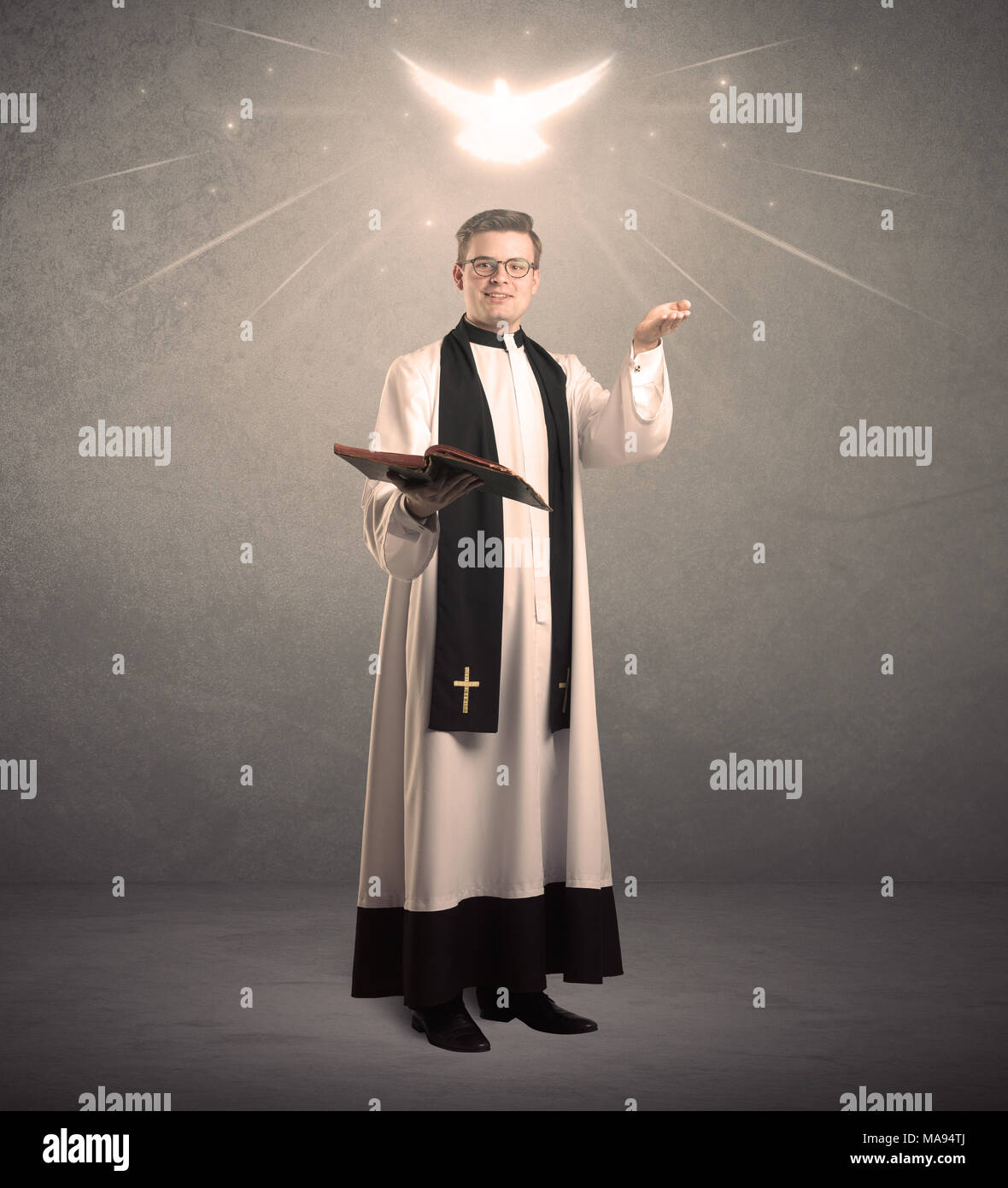 A holy priest reading a prayer from the holy bible with illustrated ...