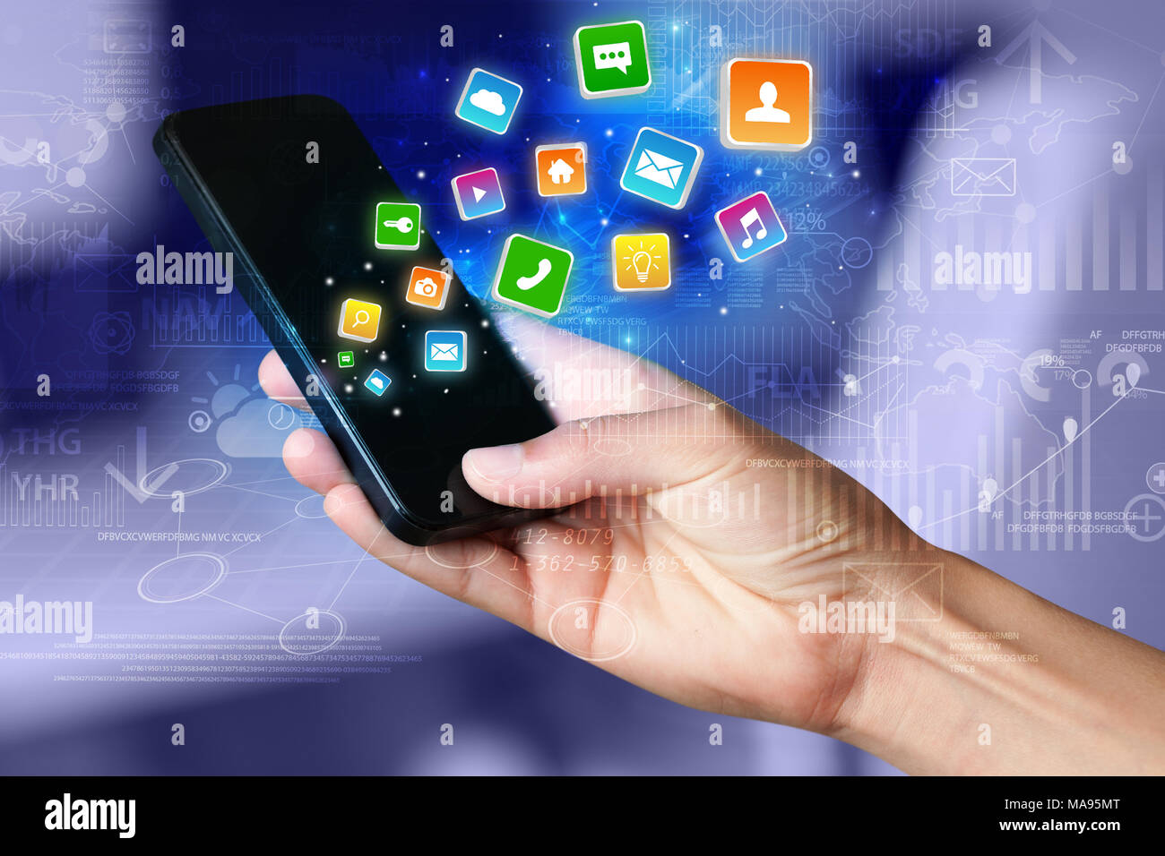 Hand using phone with bouncing colorful application and global reports ...