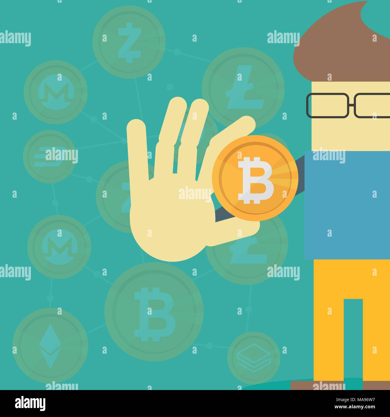 Man hold bitcoin coin money. Vector flat cartoon character - icon ...