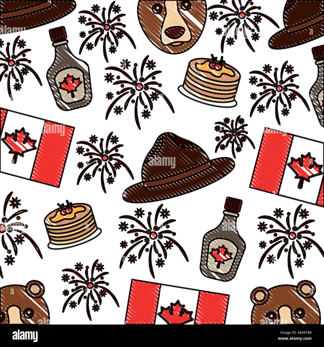 bear ranger hat pancakes fireworks canadian background Stock Vector ...
