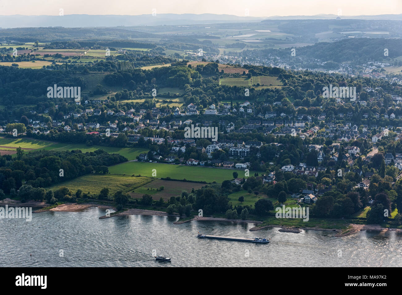 Panorama view from the Drachenburg / Drachenfelsen to the river Rhine ...